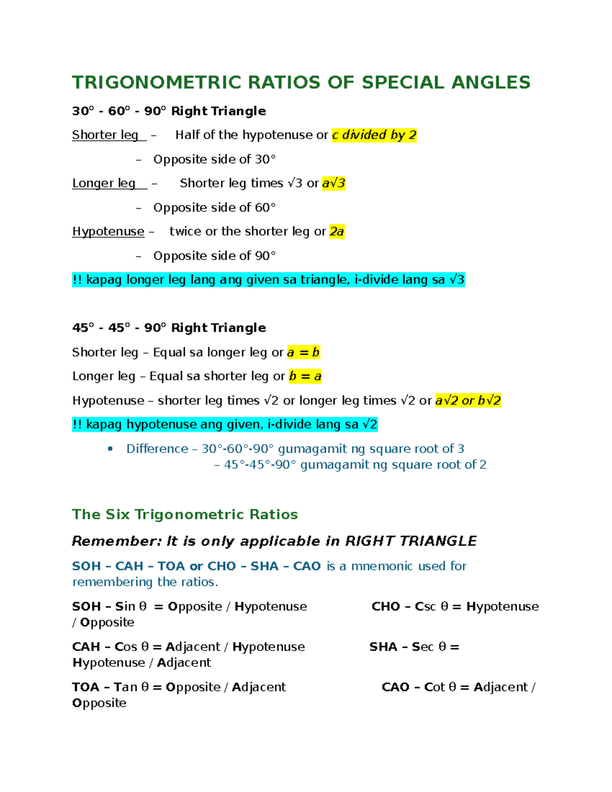 Math-reviewer - ............... - TRIGONOMETRIC RATIOS OF SPECIAL ANGLES 30° - 60° - 90° Right ...