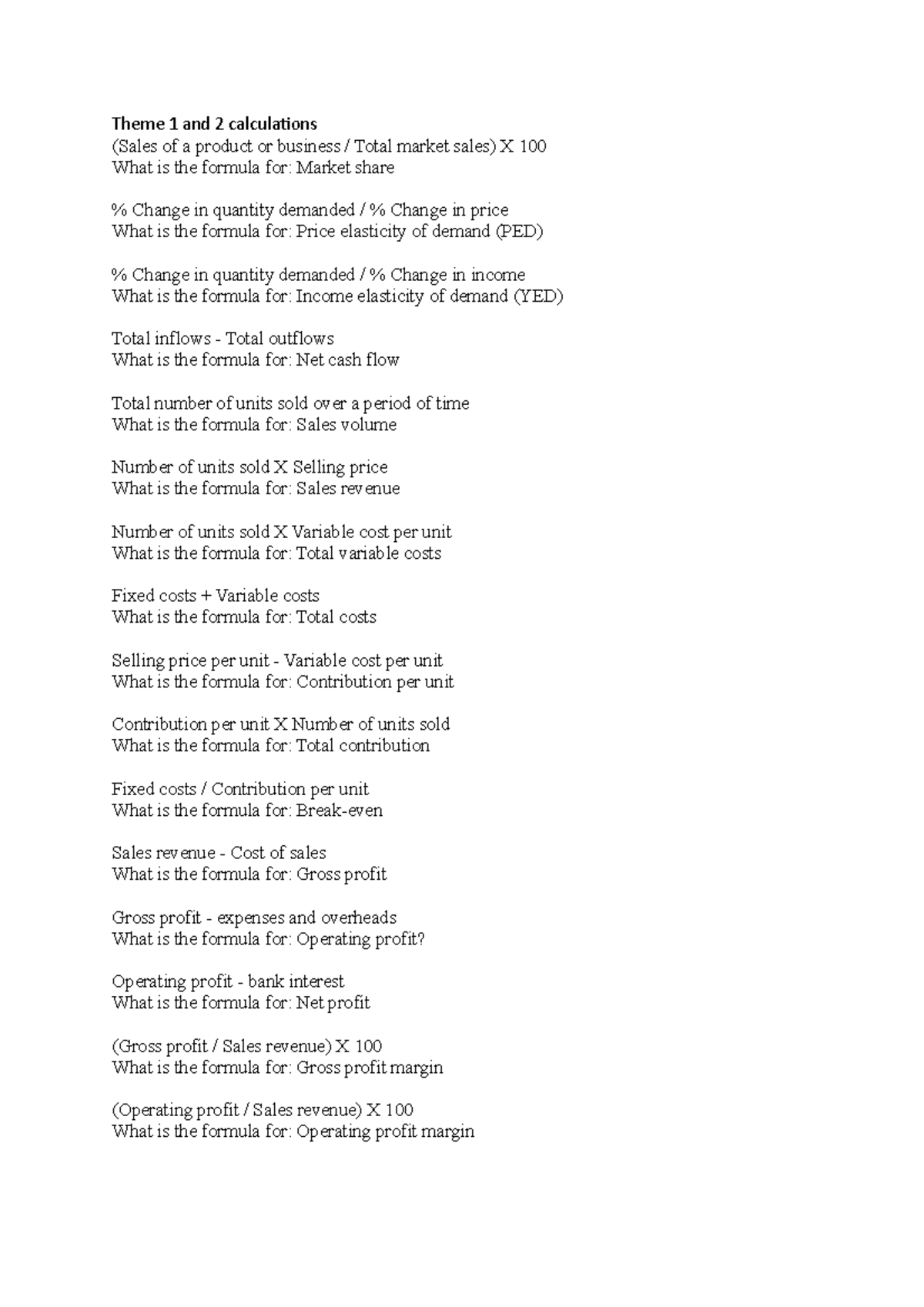 Business Calculations Formulas - Themes 1, 2 & 3 Overview - Studocu