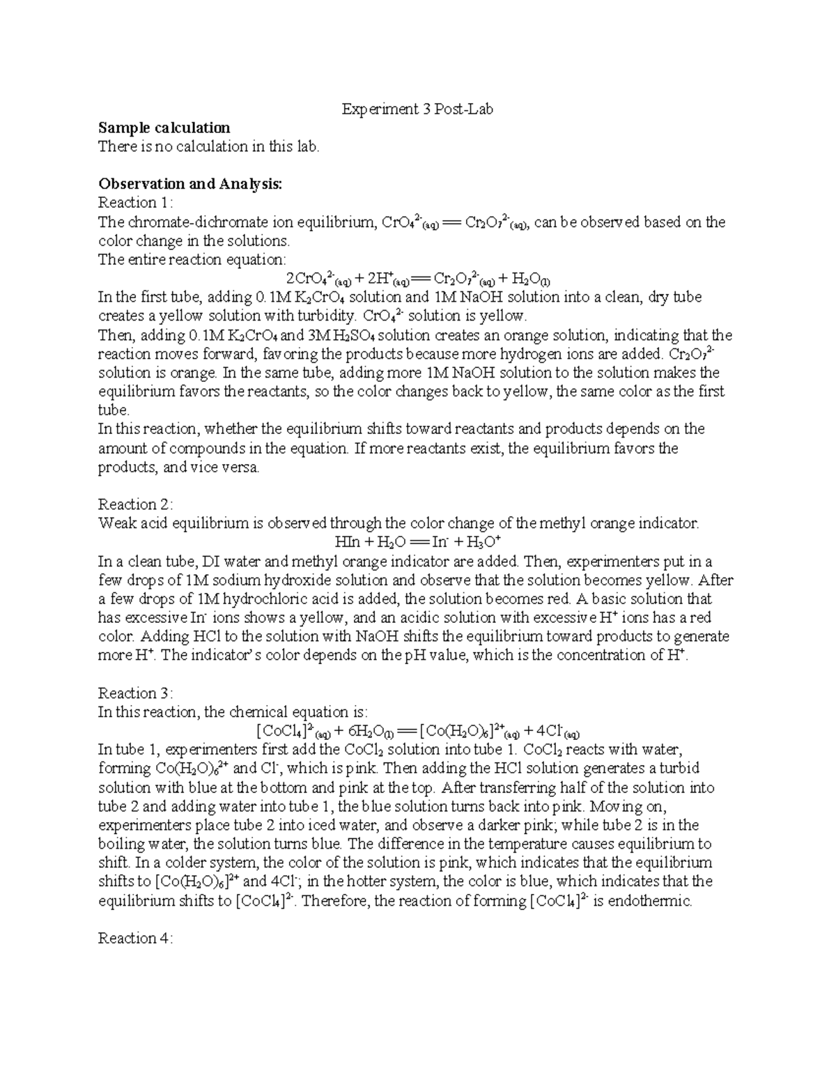 Expt 3 Post-Lab - Chemistry Lab 3 Report on Reaction Equilibria - Studocu