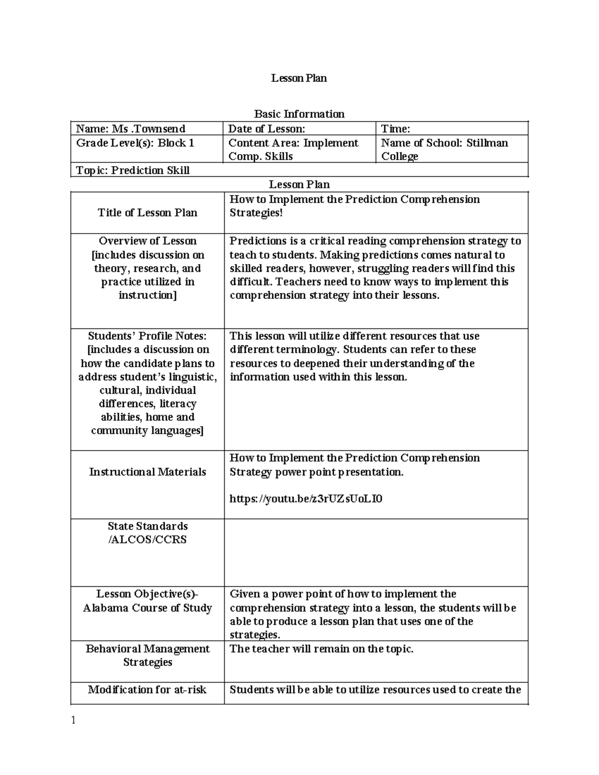 Lesson Plan: Implementing Prediction Comprehension Strategies (EDU 101 ...
