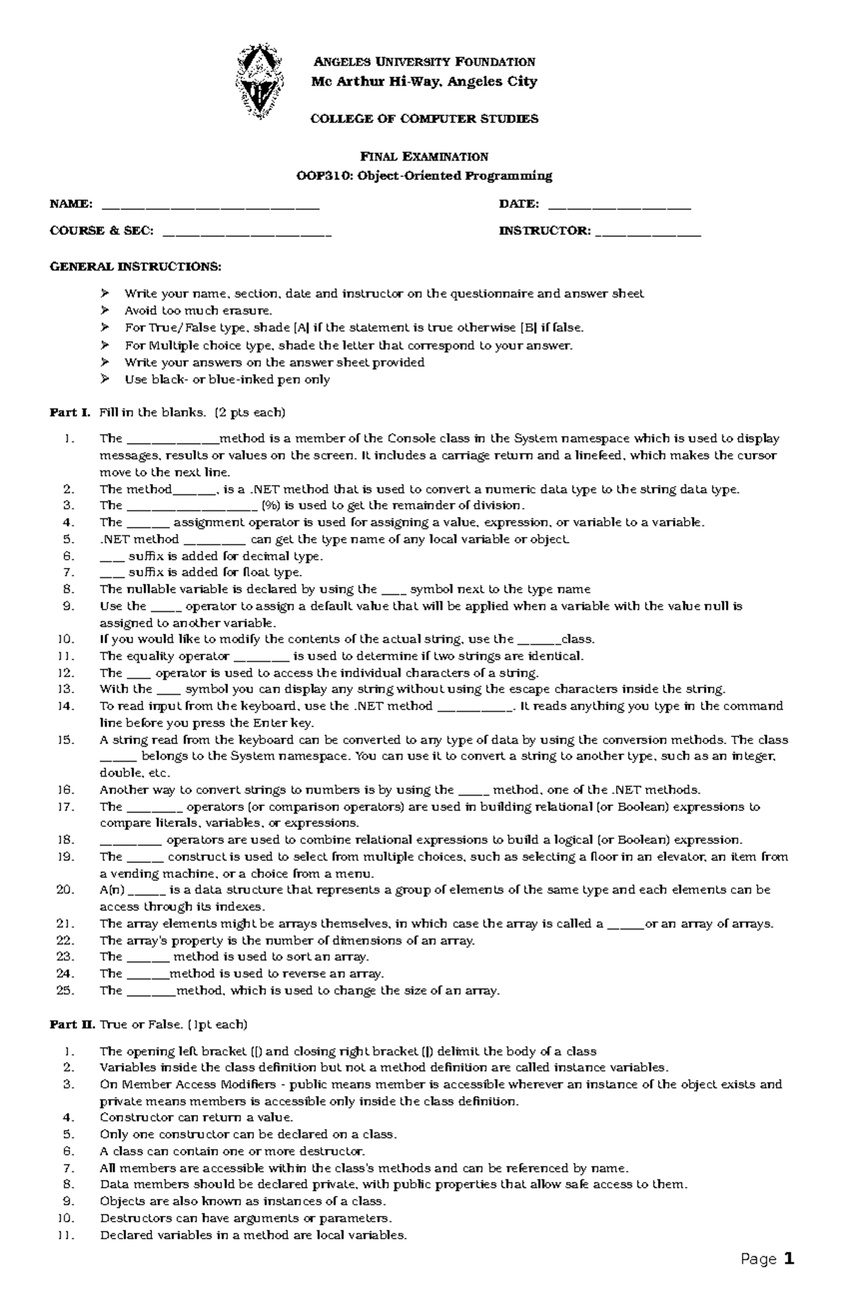 OOP 310 Final Exam Preparation Guide - Object-Oriented Programming - Studocu