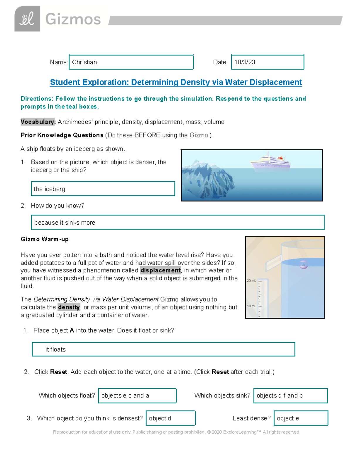 Density Exploration Assignment: Gizmo Simulation Insights - Studocu