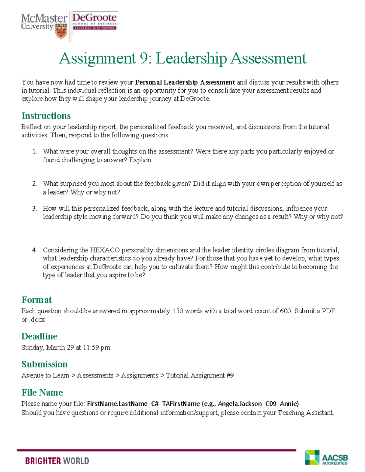 1GRO - Assignment 9: Personal Leadership Reflection - Studocu