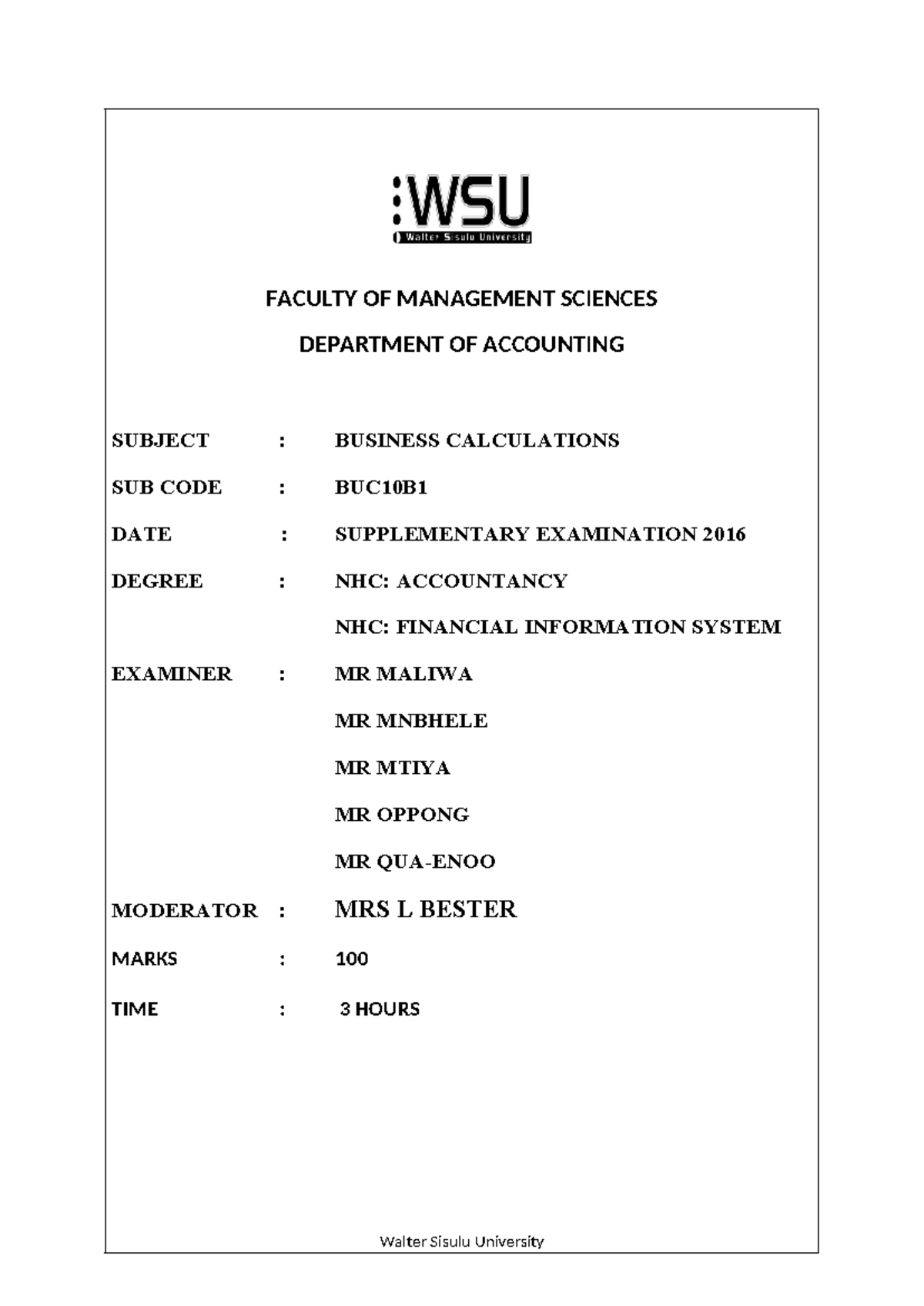 Supplementary Exam BUC10B1: Business Calculations 2016 - Studocu