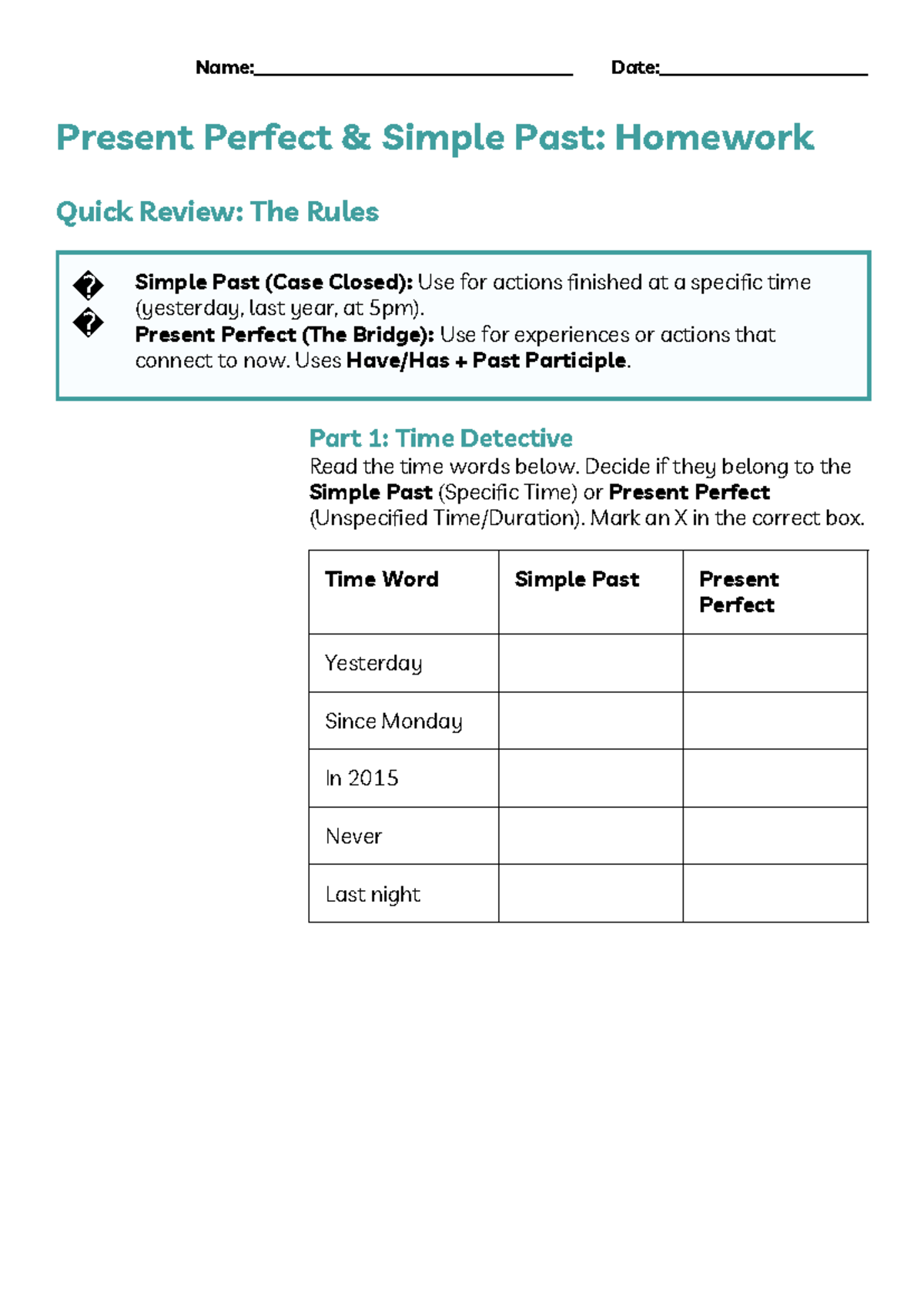 Present Perfect vs Simple Past: Homework Review Guide - Studocu