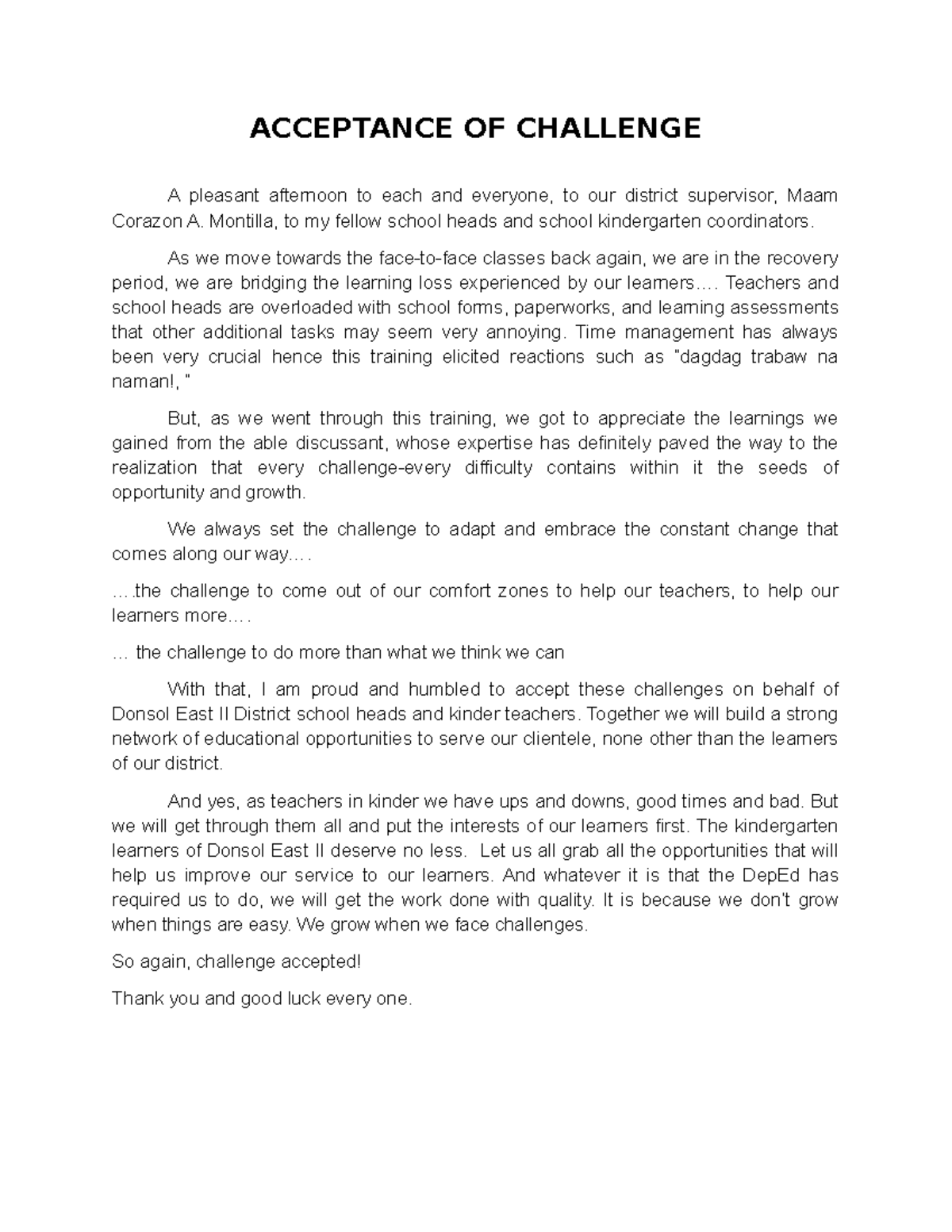 Acceptance of Challenges: Embracing Growth in Education - Studocu