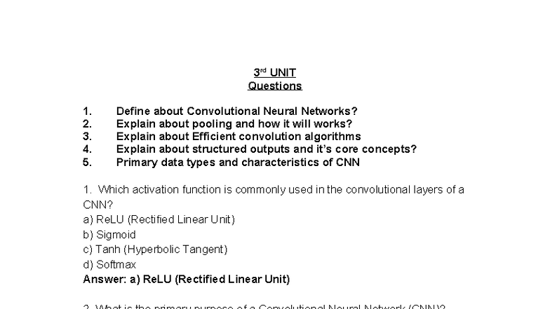 DL 3rd & 4th Unit: CNNs, RNNs, and Key Concepts Explained - Studocu