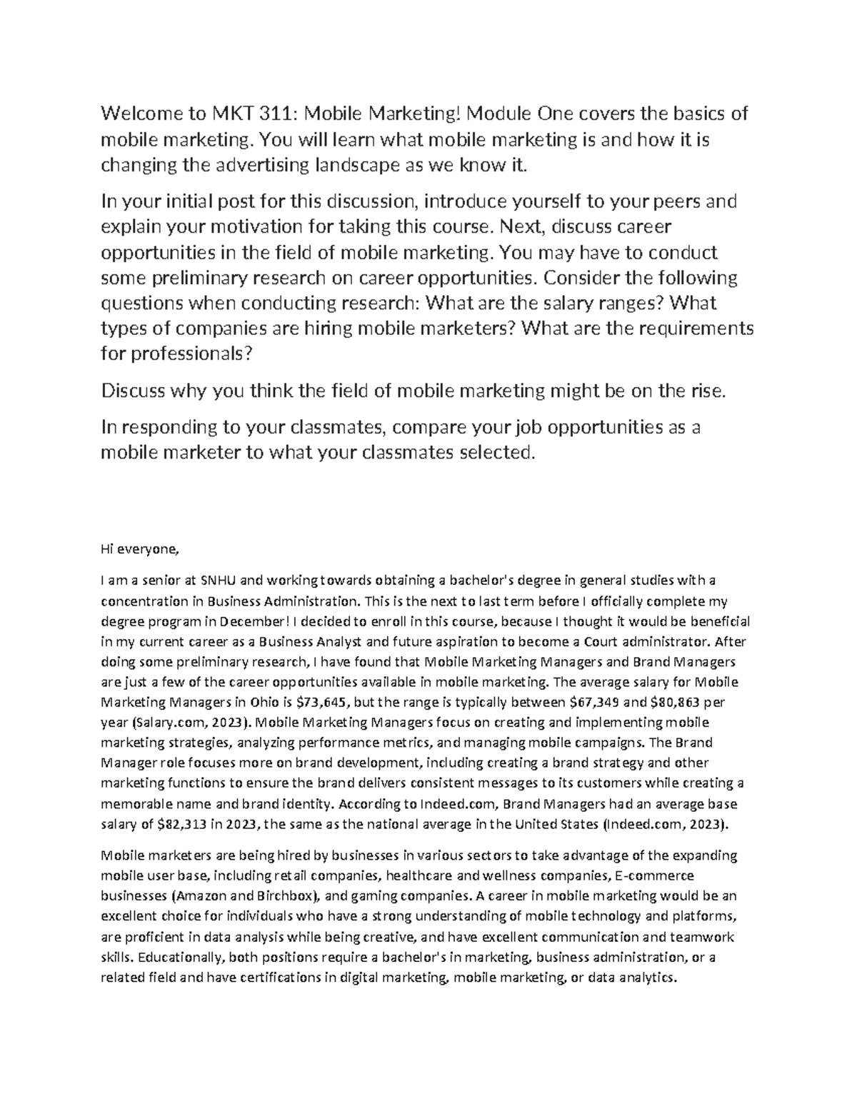 MKT 311: Module 1 Discussion - Intro to Mobile Marketing Careers - Studocu