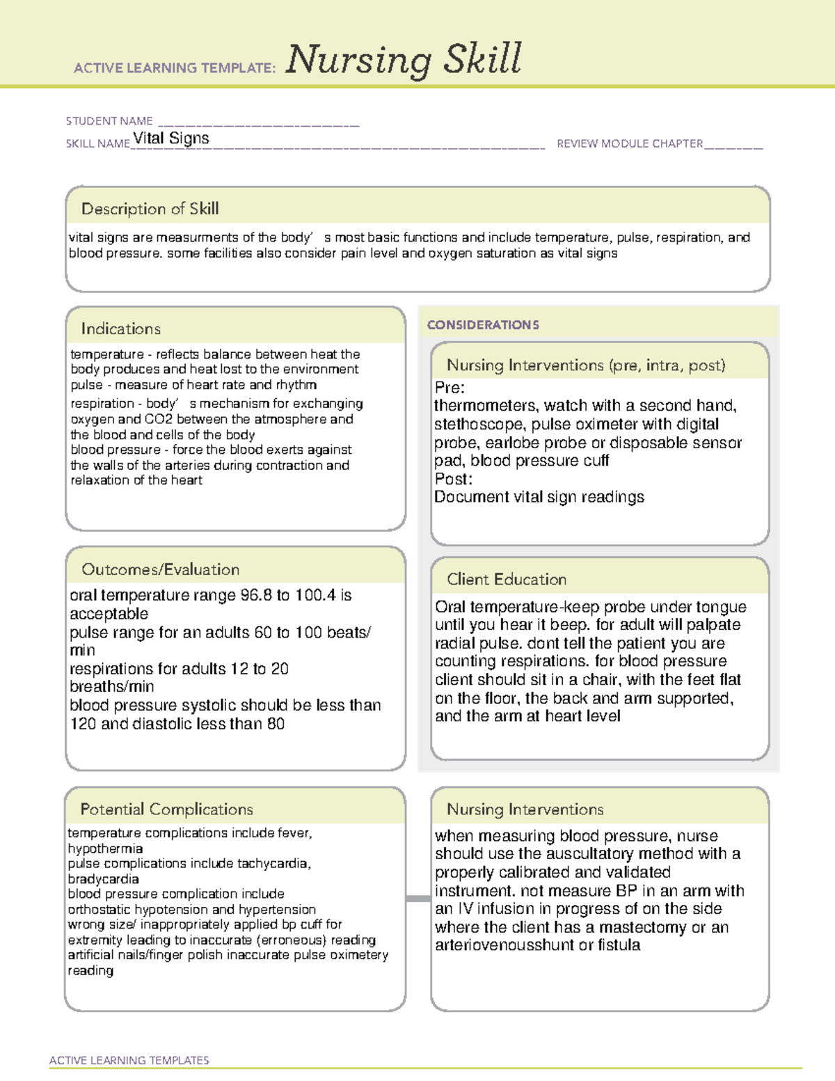 Nursing Skill: Vital Signs - Active Learning Template Guidelines - Studocu