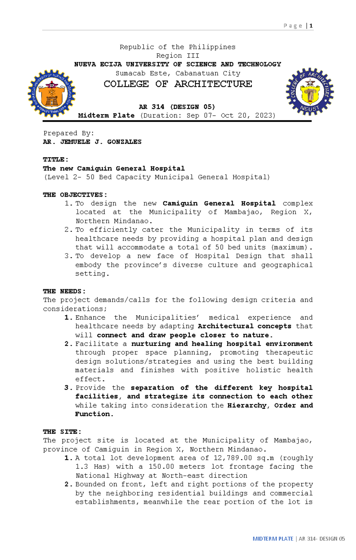 Midterm Plate Design 05: 50 Bed Camiguin General Hospital AR 314 - Studocu