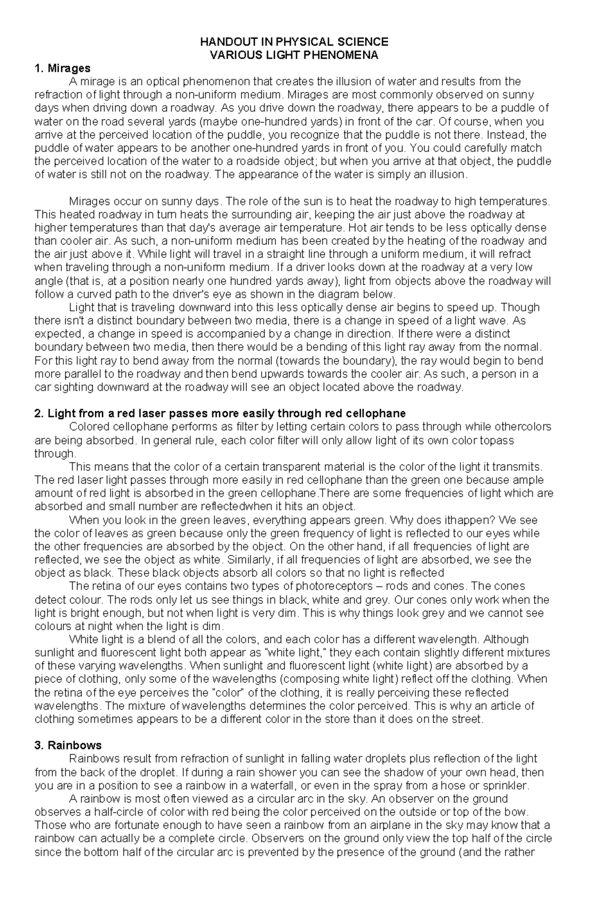 Handout IN Physical Science Various Light Phenomena - HANDOUT IN ...