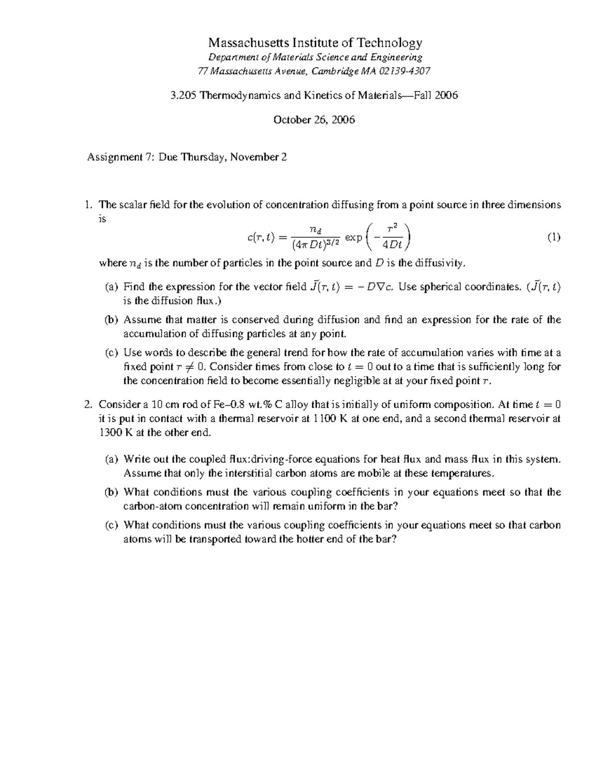 MIT Materials Science 3.205 Thermodynamics & Kinetics Assignment 7 ...