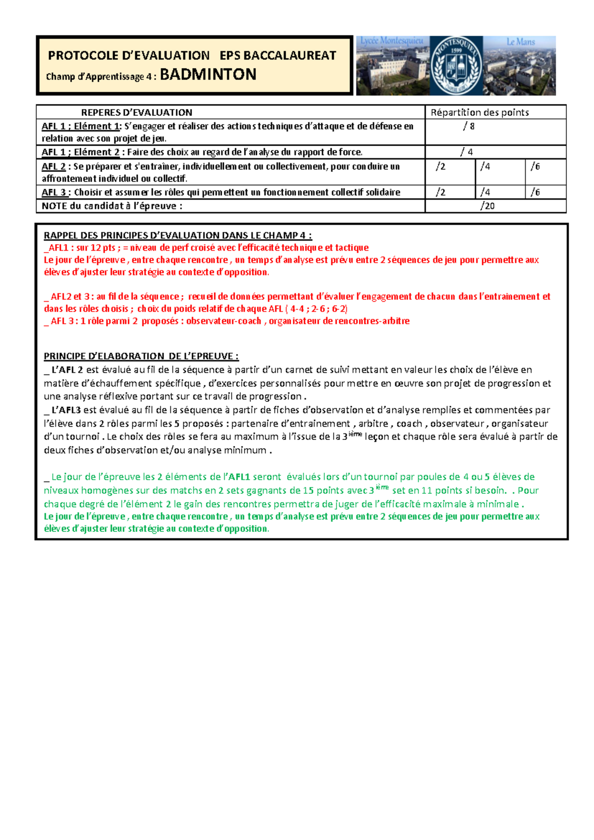 Protocole d'Évaluation BADMINTON - BAC 2023 - Champ 4 - Studocu