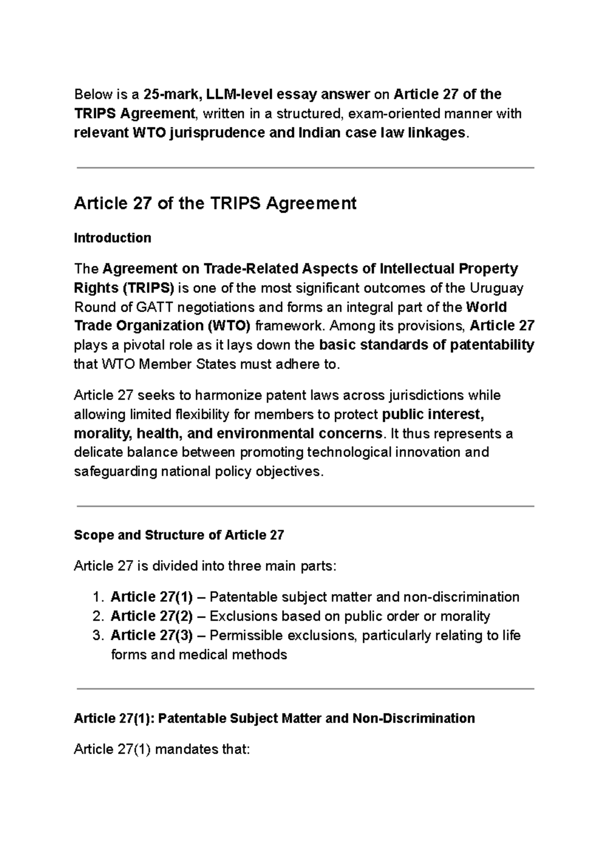 Essay on Article 27 of the TRIPS Agreement: WTO & Indian Case Law ...