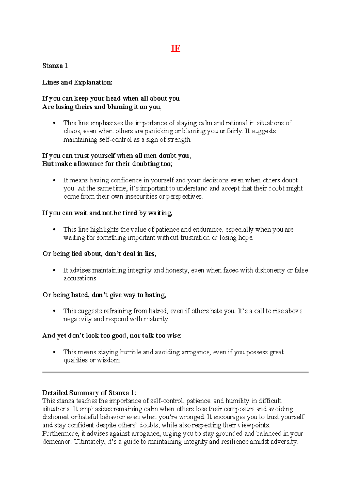 ENG100 - Summary and Analysis of Rudyard Kipling's Poem "If" - Studocu