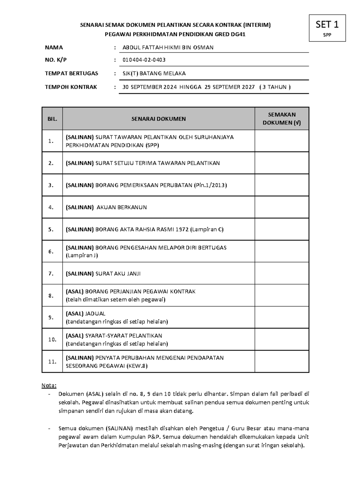 Senarai Semak Dokumen Pelantikan Kontrak Gred DG (INTERIM) - Studocu