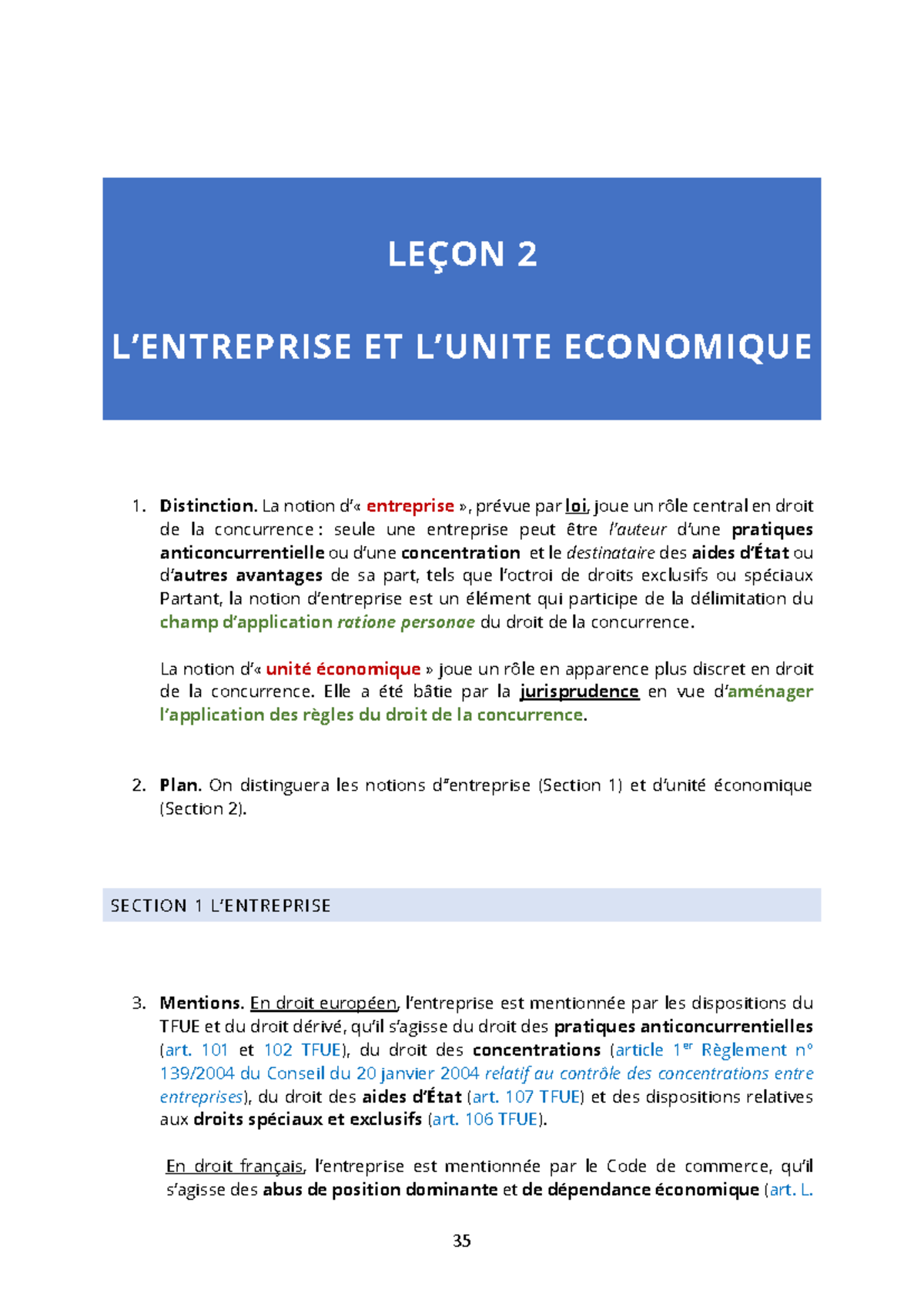 Leçon 2 - Droit de la Concurrence: Distinction entre Entreprise et ...