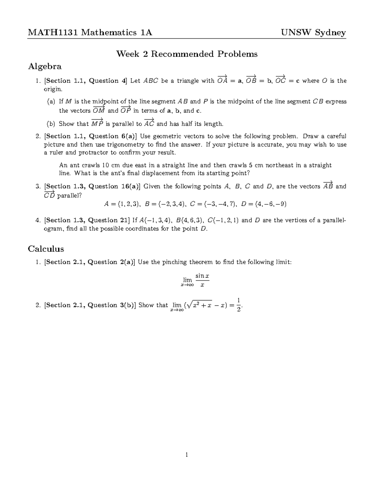 MATH1131 Week 2 Recommended Problems in Algebra and Vectors - Studocu