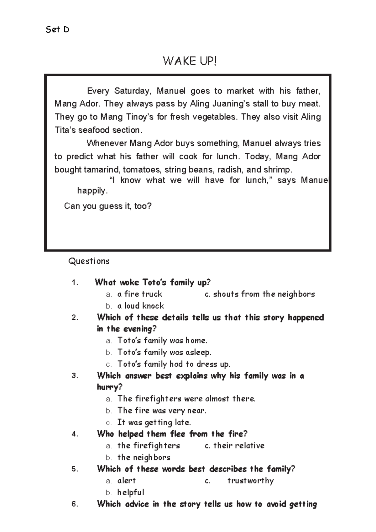 Set D WAKE UP! - Reading Comprehension Questions - Studocu
