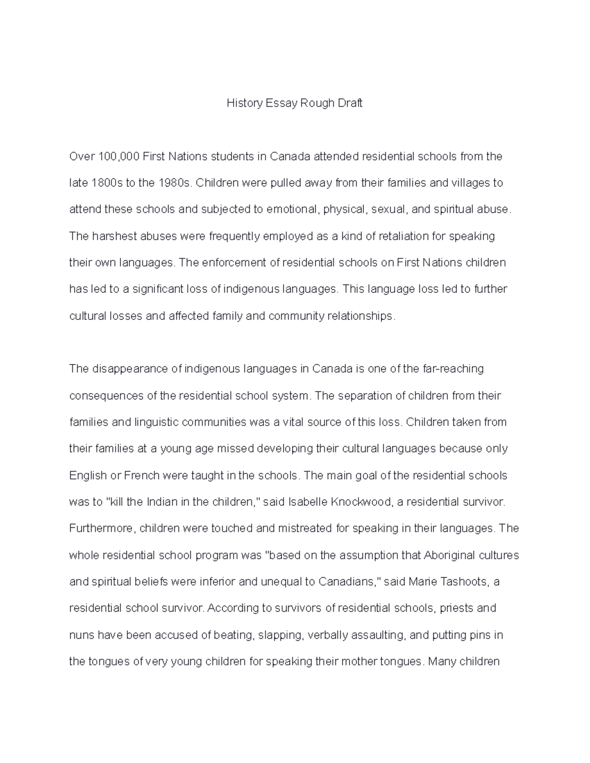 Grade 10 History Essay: Impact of Residential Schools on Indigenous ...