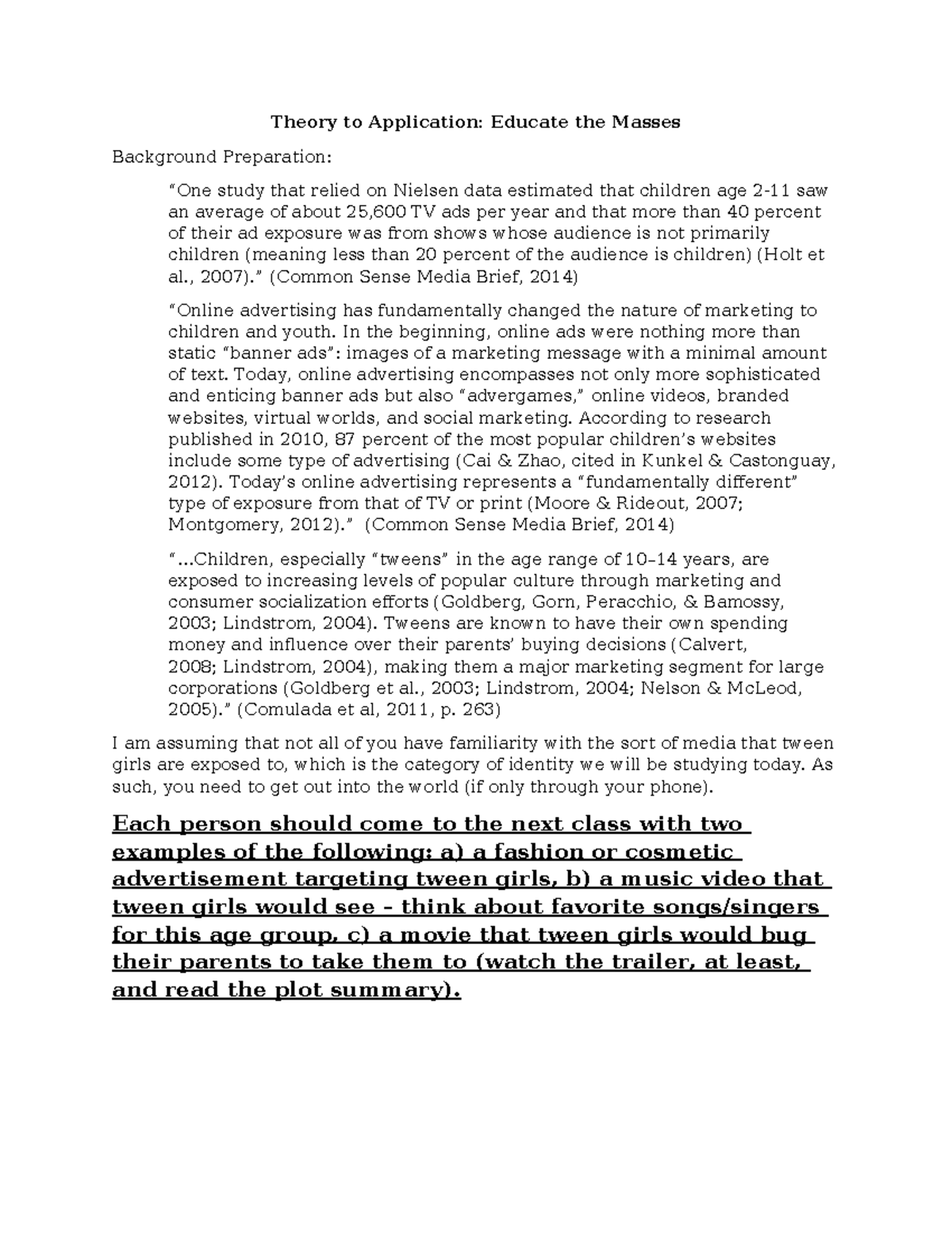 EDUC 101: Tween Girls & Media Influence - Class Activity Guide - Studocu