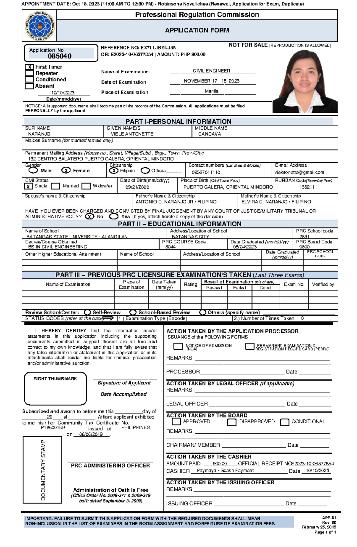 PRC - Application Form for Professional Licensure Exam (Civil Engineer ...