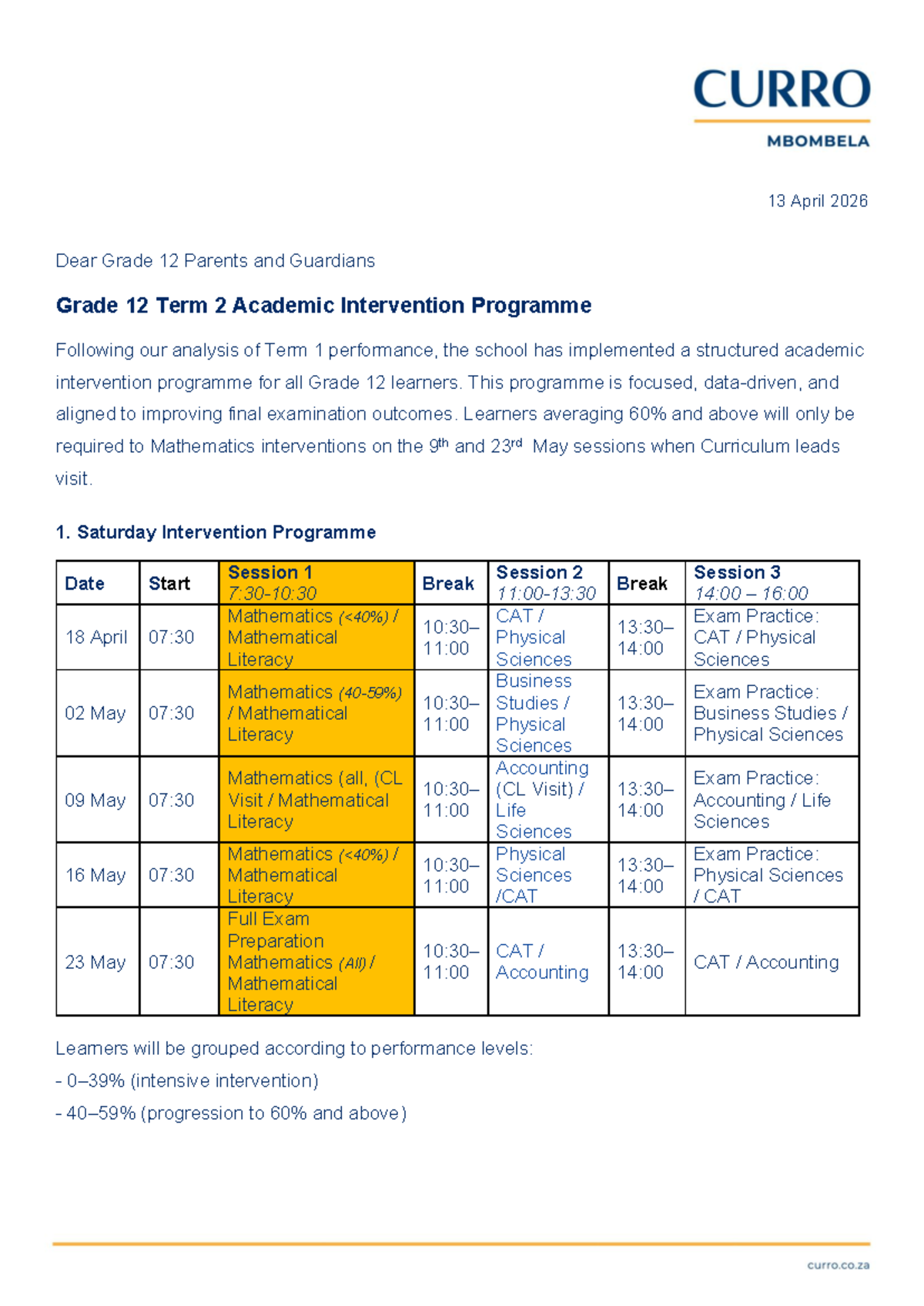 Grade 12 Term 2 Academic Intervention Programme Timetable - Studocu