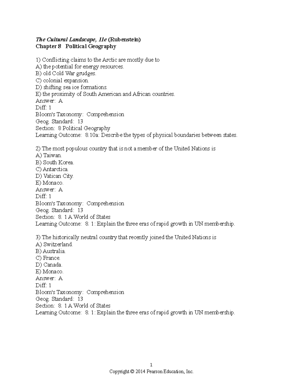 AP Human Geography Ch.8 Political Geography Test Bank Answers - Studocu