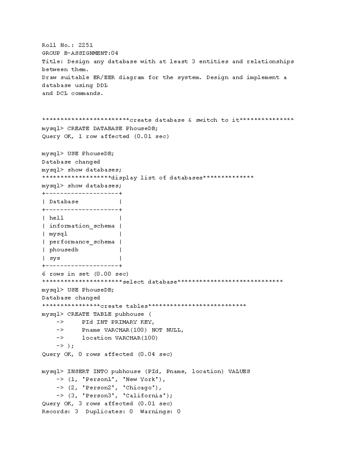 DBMS Assignment 1: Database Design with Entities & DDL/DCL Implementation - Studocu