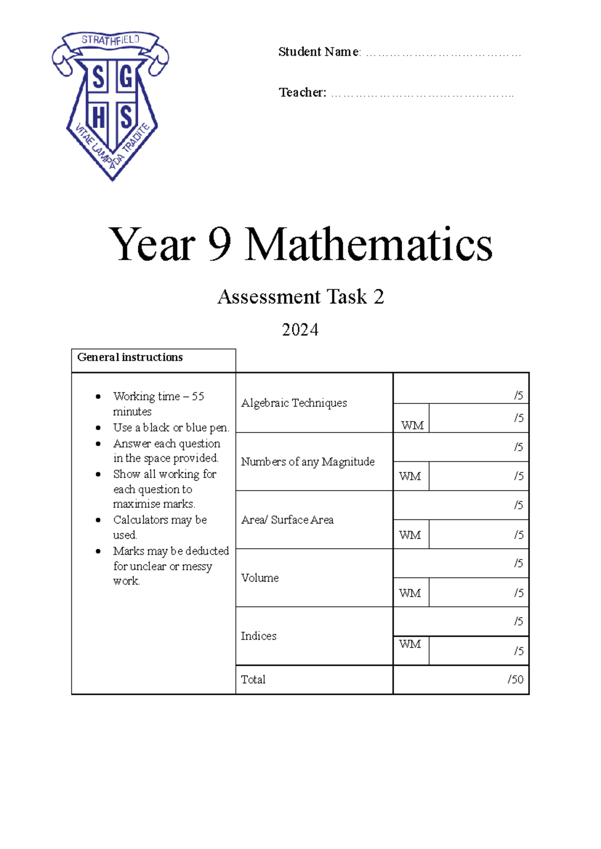 SGHS Year 9 Mathematics Assessment Task 2 2024 - Algebra & Volume - Studocu