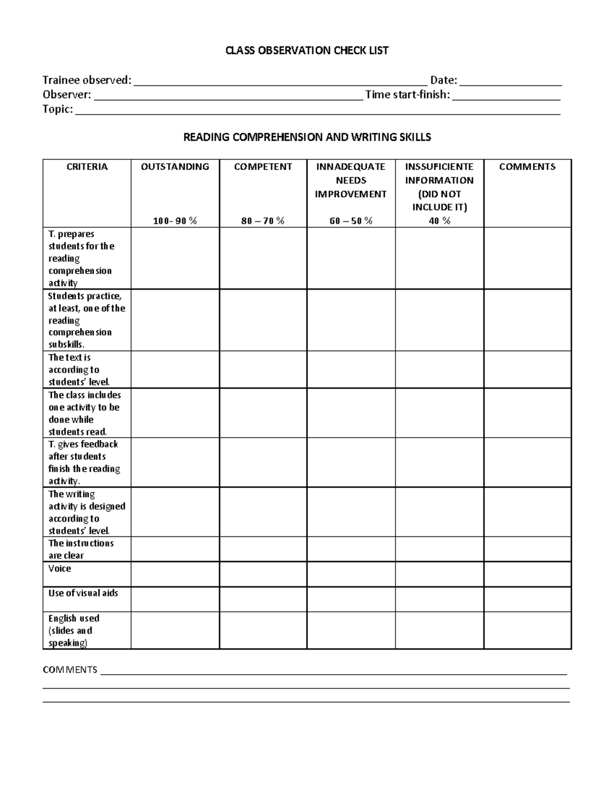 Class Observation Checklist: Reading & Writing Skills (AGO2025) - Studocu