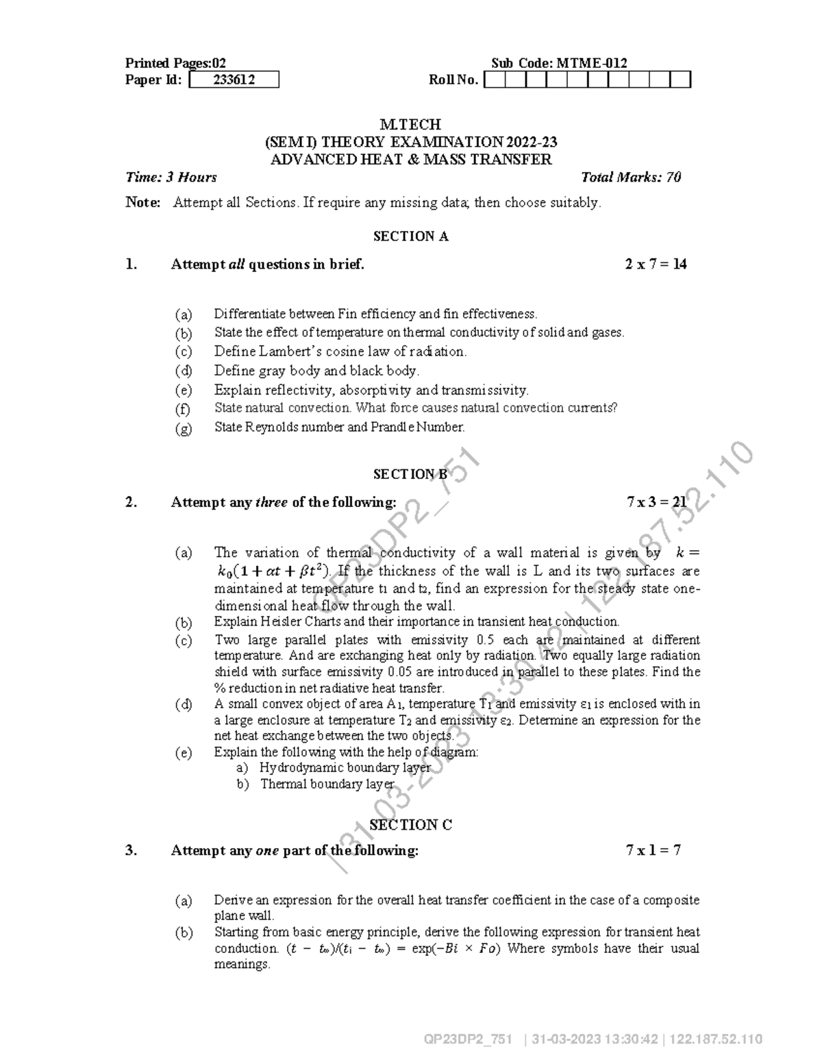 MTME012 - Advanced Heat & Mass Transfer Theory Exam Paper - Studocu