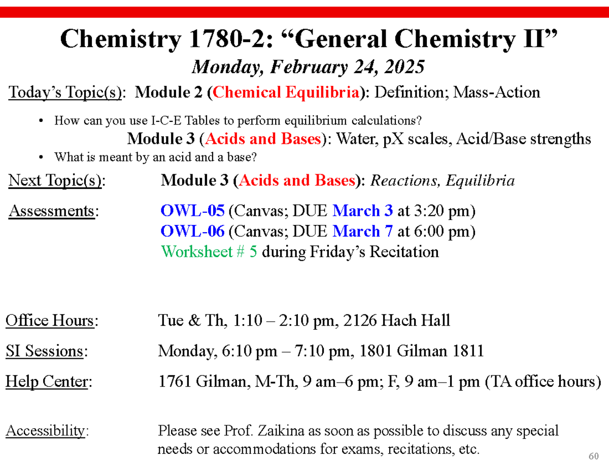 Chemical Equilibrium: ICE Tables and Equilibrium Calculations for 1780 ...