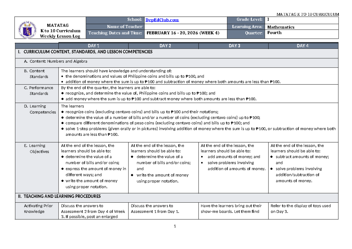 MATATAG K to 10 Curriculum Week 4 Lesson Plan: Mathematics - Studocu