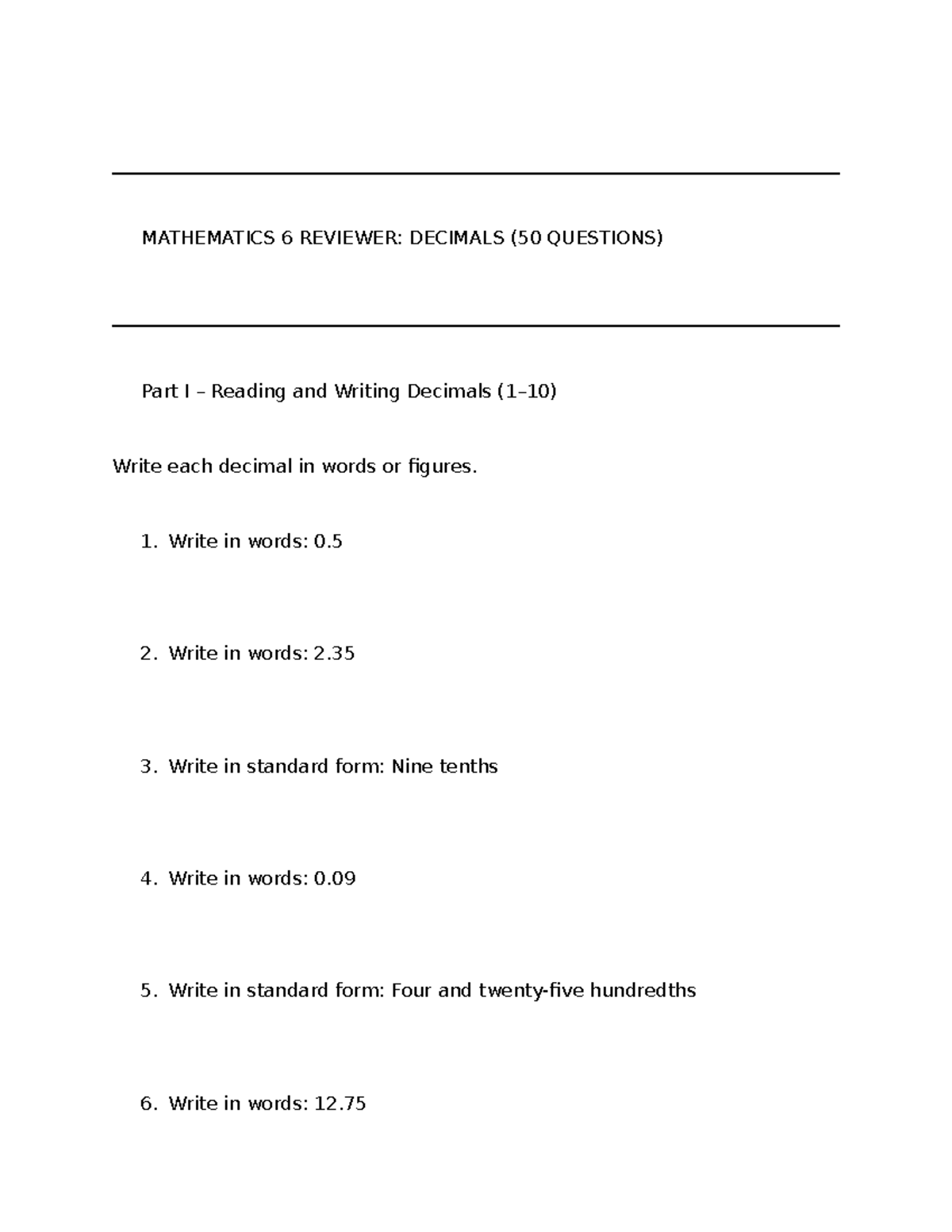 MATHEMATICS 6 REVIEWER: DECIMALS (50 QUESTIONS) - Studocu