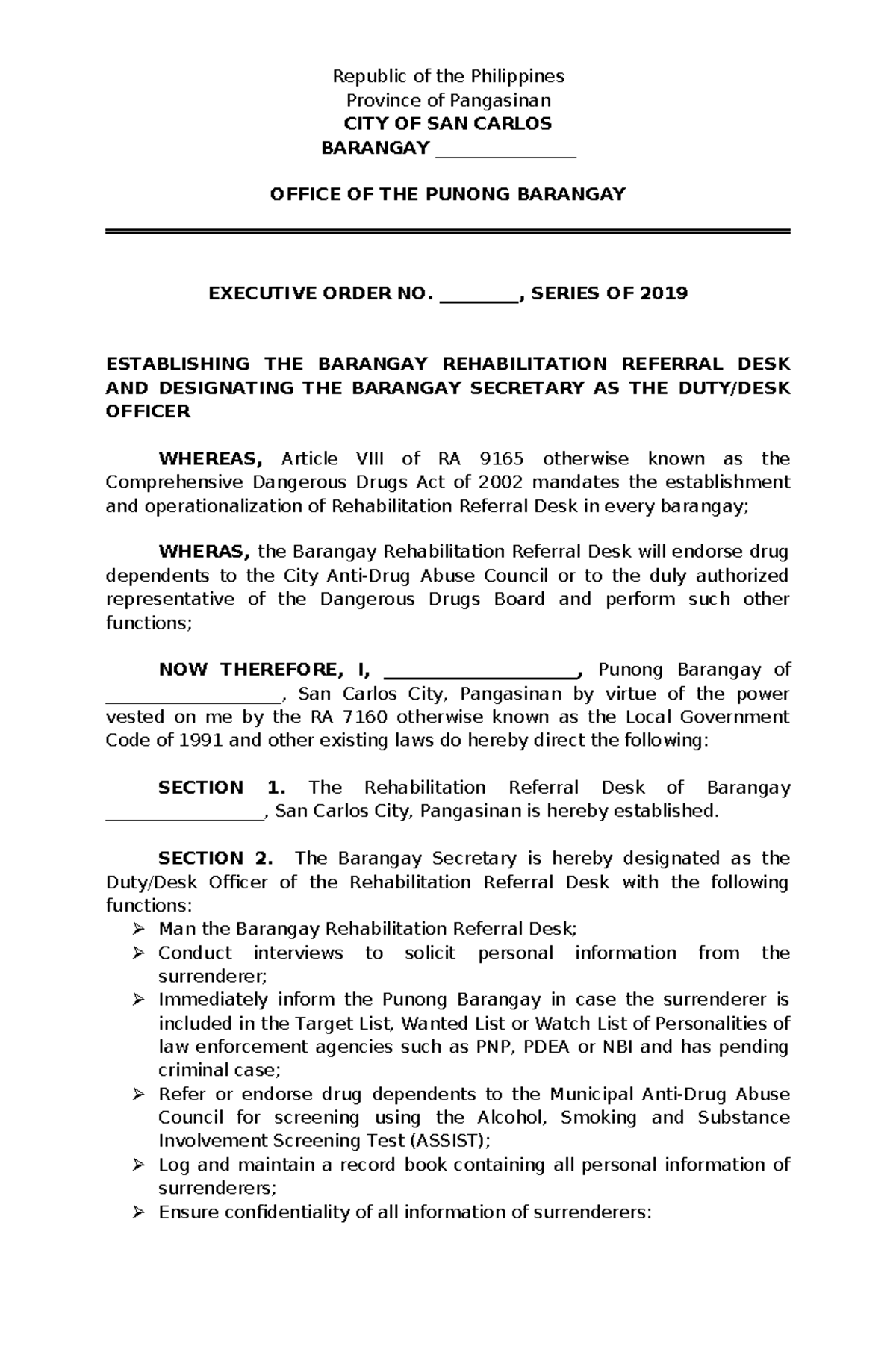 EO 2019: Establishing Barangay Drug Rehab Referral Desk in San Carlos ...