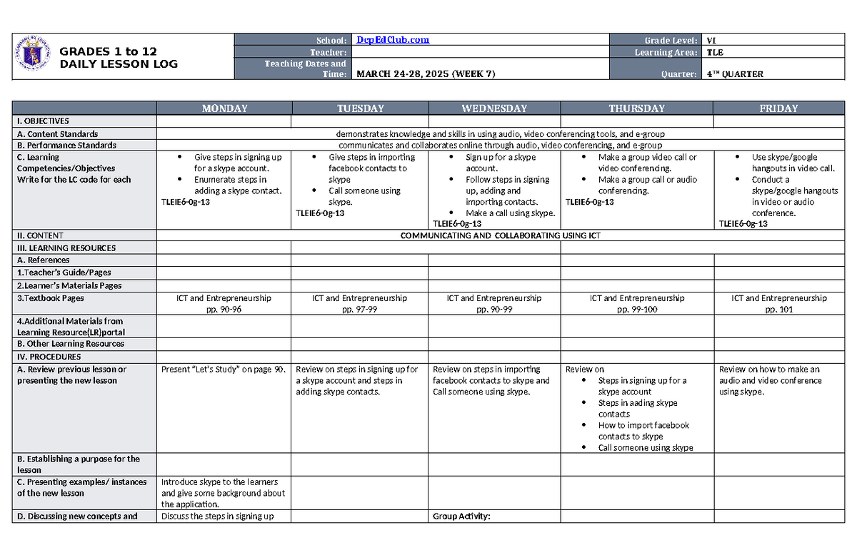 DLL TLE 6 Q4 W7 - DAILY LESSON LOG - GRADES 1 to 12 DAILY LESSON LOG ...