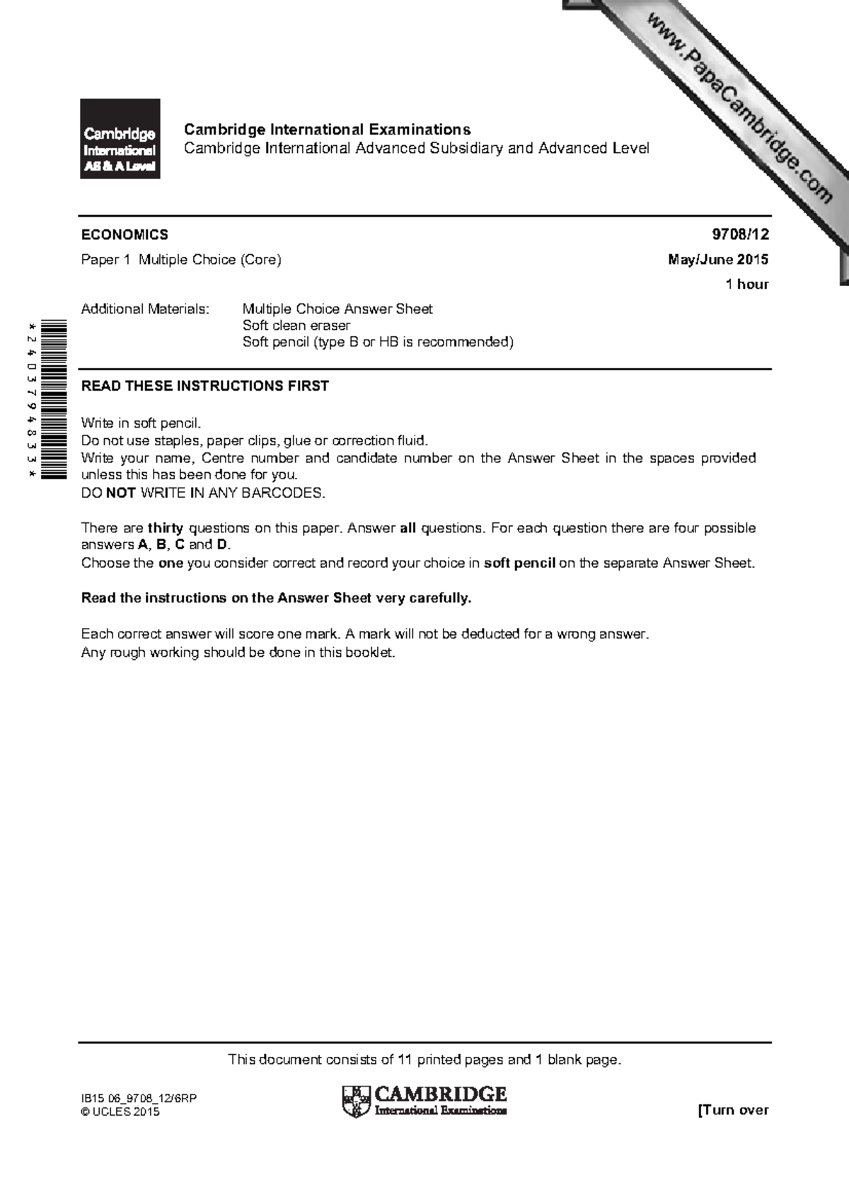 9708 s15 qp 12 - ewrwrerewr - This document consists of 11 printed ...