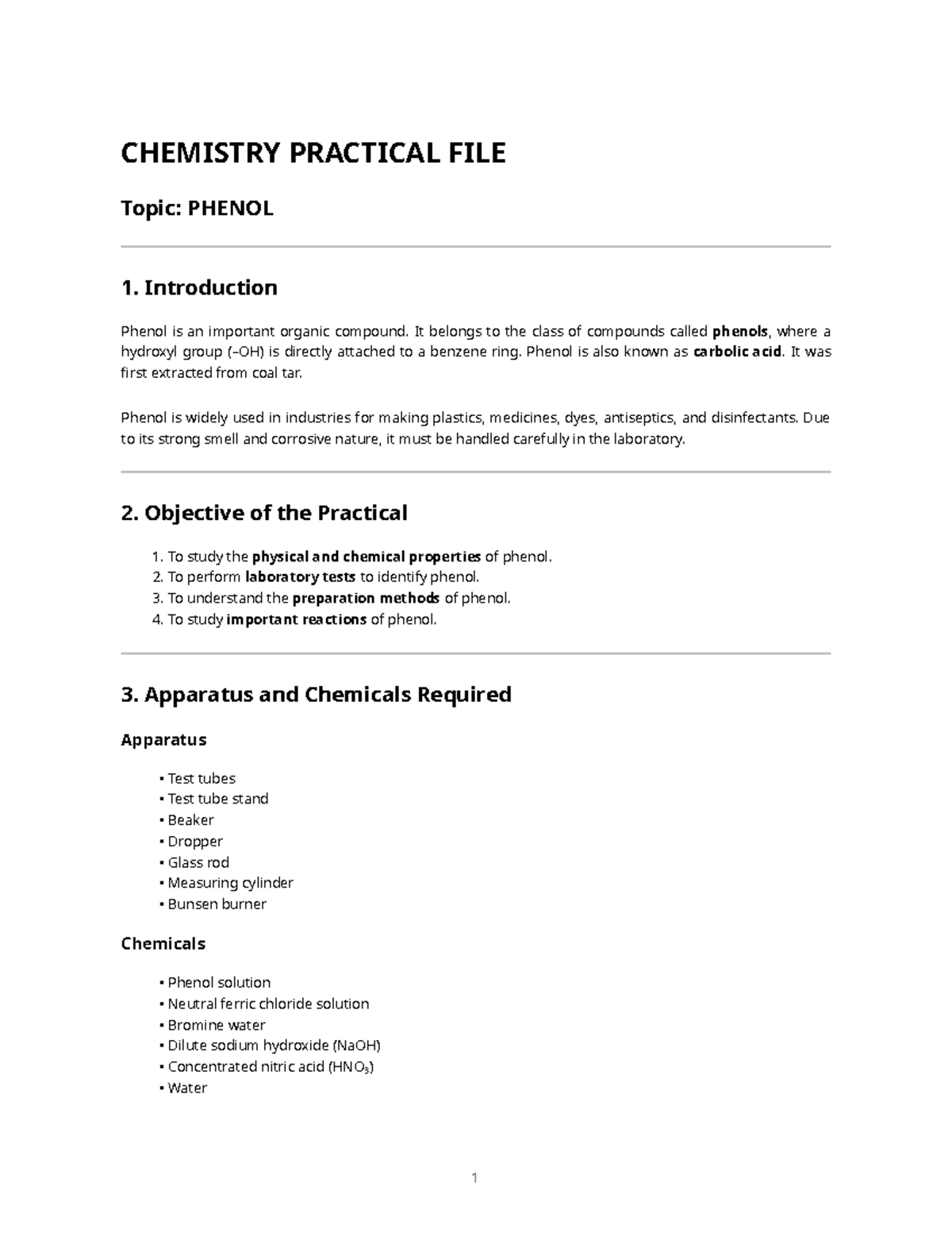Class 12 Chemistry Practical File: Study of Phenol Properties and Tests ...