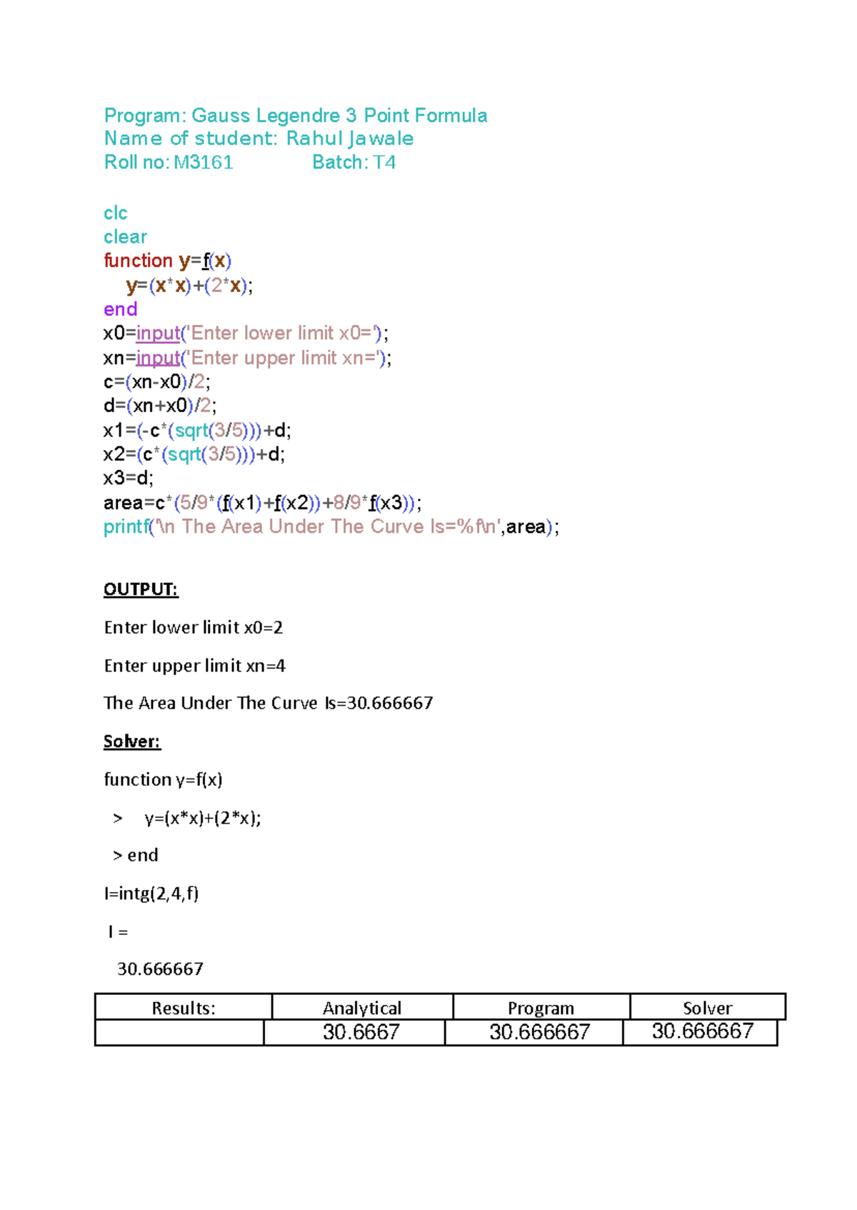 Gauss 3 pointrahul - wqqqqqqqqqqqqqqqqqqqqqq - Program: Gauss Legendre ...