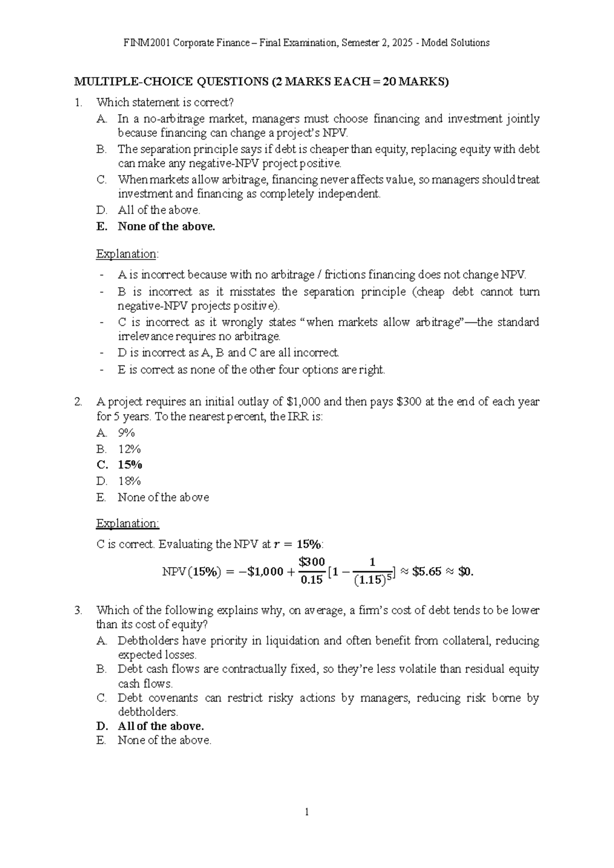 FINM2001 Corporate Finance Final Exam Solutions - Semester 2, 2025 ...