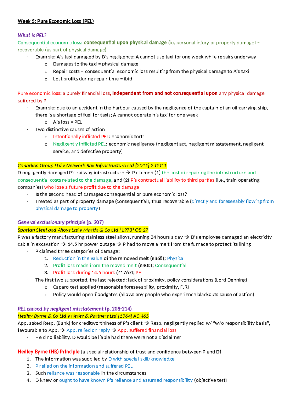 Week 5: Understanding Pure Economic Loss (PEL) in Negligence Law - Studocu