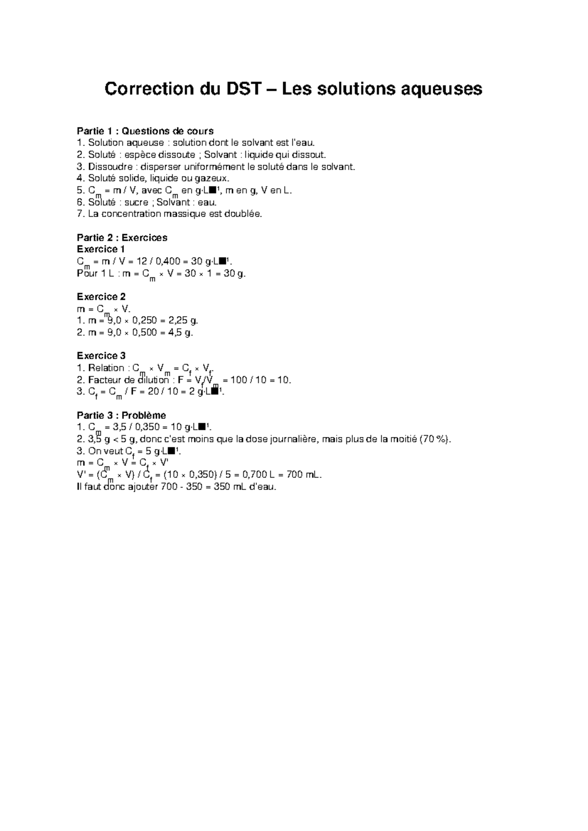 Correction DST: Solutions Aqueuses - Cours et Exercices - Studocu