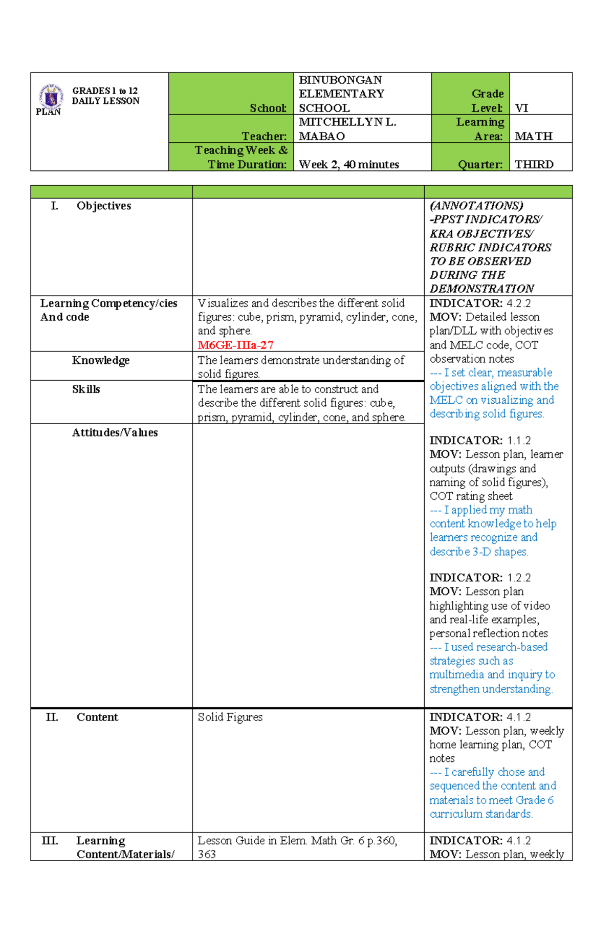 3RD Q - Grade 6 Math Lesson Plan on Solid Figures - Studocu