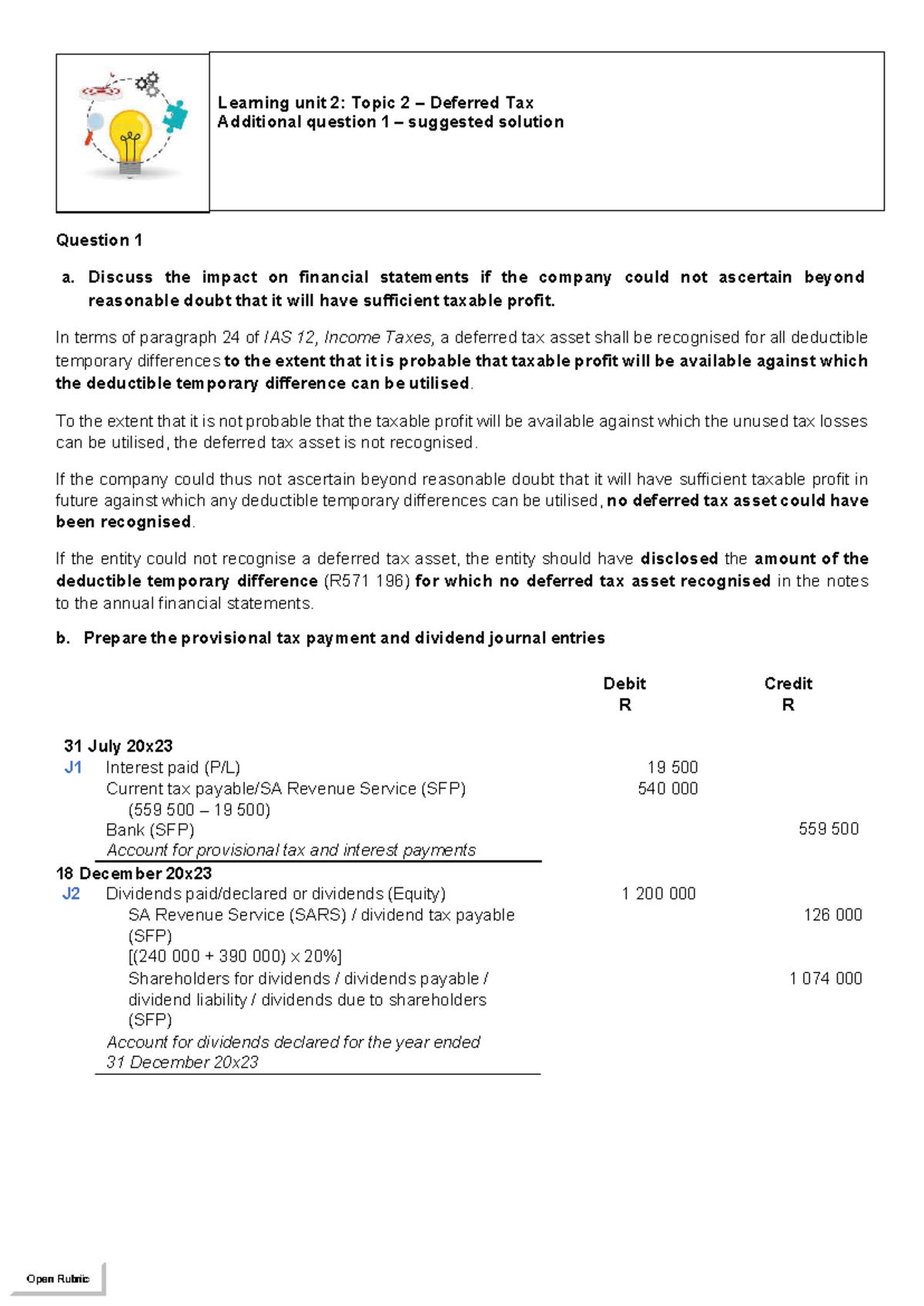 Suggested solution for FAC3761: Deferred tax and tax rate ...