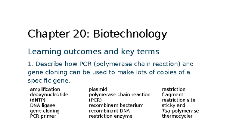 Biotechnology Chapter 20: PCR, Gene Cloning & Gel Electrophoresis Study ...