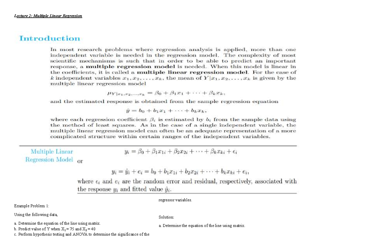 Lecture 2: Multiple Linear Regression Analysis & Example Problems - Studocu