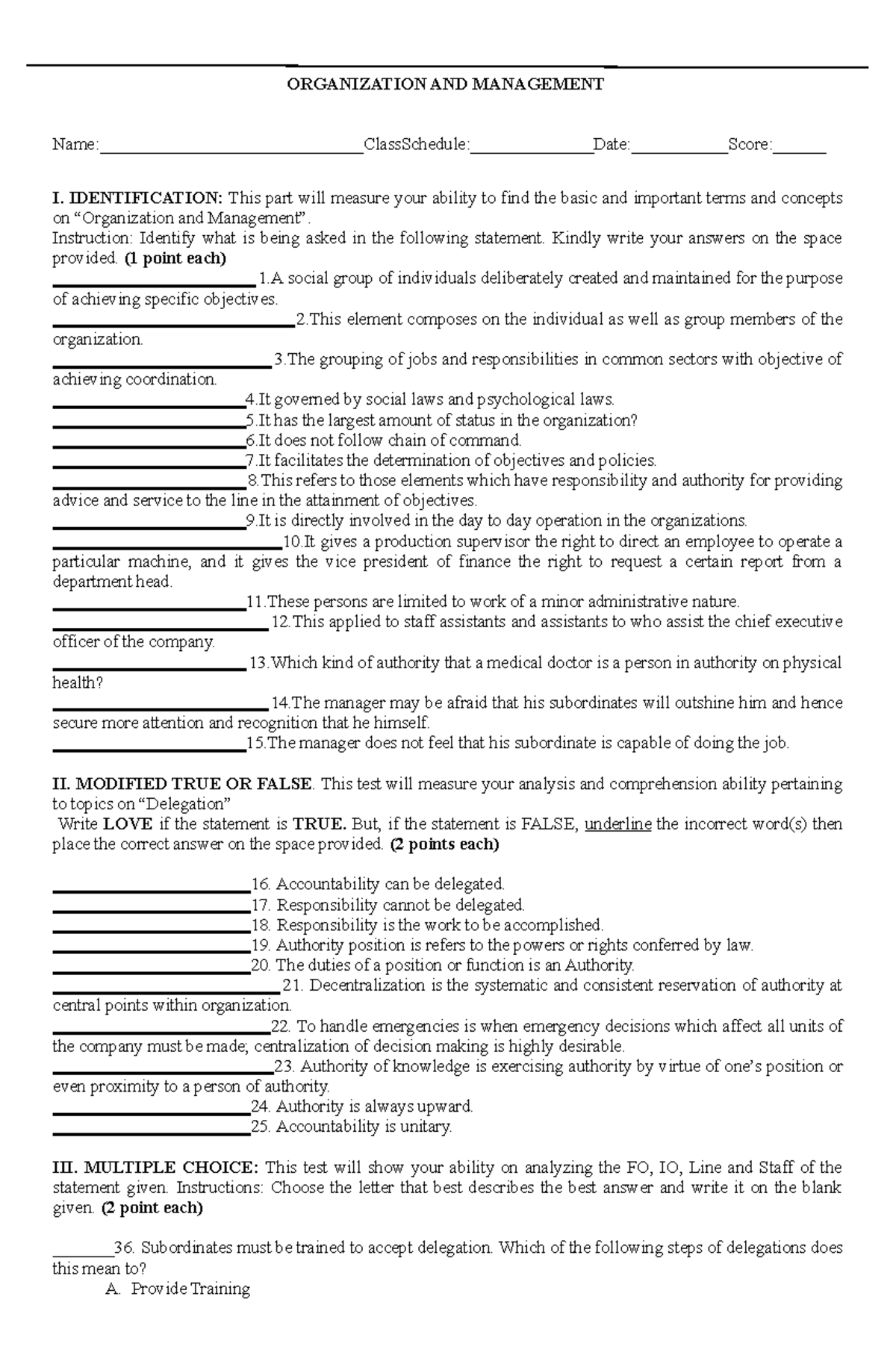 Sample MT Exam: Organization and Management (OM) Analysis Guide - Studocu