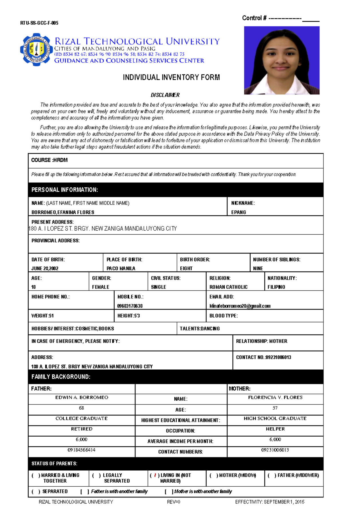 RTU SS GCC F 005 Individual Inventory FORM 2 - RIZAL TECHNOLOGICAL ...