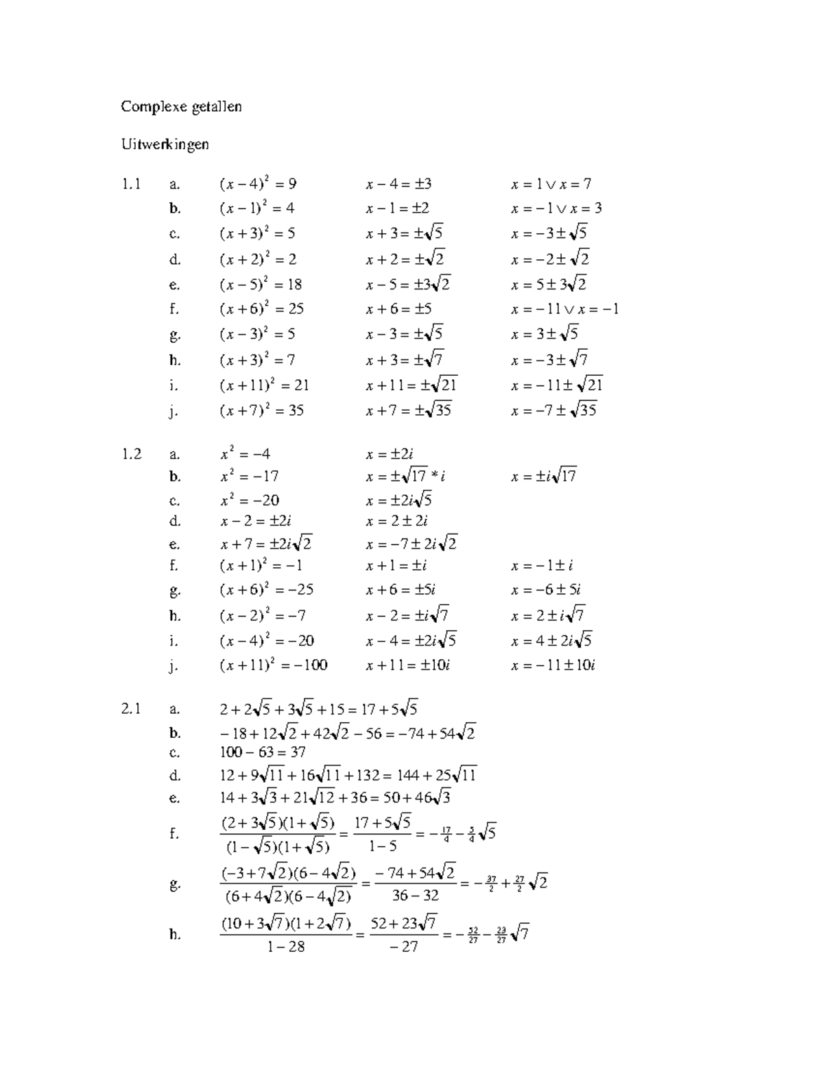 Uitwerkingen van Complexe Getallen H1 en H2: Oplossingen en ...